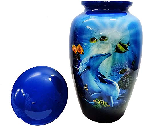 HLC URNS Dolphin Ocean Blue Cremation Urn for Human Ashes - Adult Funeral Urn Handcrafted - Affordable Urn for Ashes (Adult (200 lbs) – 10.5 x 6 “, Cremation Urn)