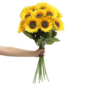 laelfe 6pcs artificial sunflower flowers long stem silk fake sunflowers decoration for outdoor home wedding birthday party single bulk yellow decor(dark center)