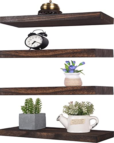 HXSWY Rustic Wood Floating Shelves for Wall Decor Farmhouse Wooden Wall Shelf for Bathroom Kitchen Bedroom Living Room Set of 4 Brown