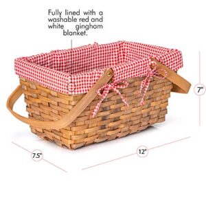 Big Mo's Toys Picnic Basket - Woven Natural Woodchip Wicker Basket with Double Handles and Red and White Gingham Blanket Lining