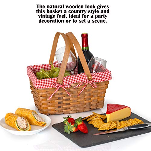 Big Mo's Toys Picnic Basket - Woven Natural Woodchip Wicker Basket with Double Handles and Red and White Gingham Blanket Lining