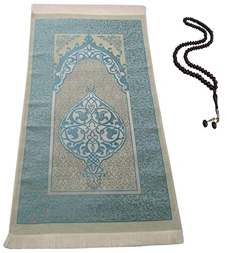 BAYKUL Muslim Prayer Rug-Islamic Turkish Velvet Rugs-Great Ramadan Gifts-Janamaz Prayer Mat for Women Men-Portable Carpet Muslims Mats-Praying Rugs Islam-Sajadah-Gift Praying Beads 99 (Blue)