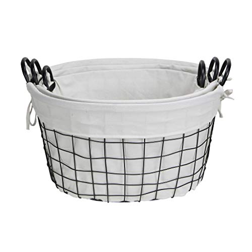 HomeRoots Set of 3 Oval White Lined and Metal Wire Baskets with Handles