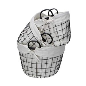 HomeRoots Set of 3 Oval White Lined and Metal Wire Baskets with Handles