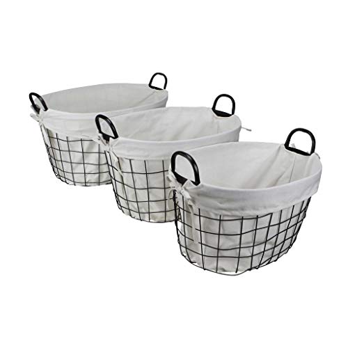 HomeRoots Set of 3 Oval White Lined and Metal Wire Baskets with Handles