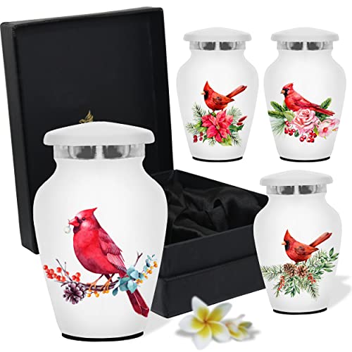 Cardinal Urns White - Mini Keepsake Urns Set of 4 - Premium Box & Bags Included - Small White Urns for Ashes - Honor Your Loved One with Bird Cremation Urns - Perfect for Adults & Infants