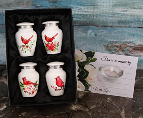 Cardinal Urns White - Mini Keepsake Urns Set of 4 - Premium Box & Bags Included - Small White Urns for Ashes - Honor Your Loved One with Bird Cremation Urns - Perfect for Adults & Infants