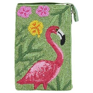 bamboo trading company flamingo cell phone or club bag with a separate, secure side zip pocket for cash and credit cards, 7-inch height, multicolor