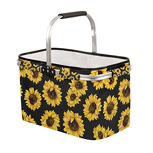 Collapsible Market Basket Sunflower, 36L Large Picnic Basket, Portable Shopping Basket with Aluminum Handles for Storage Grocery, Travel, Camping