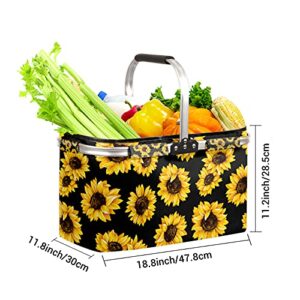 Collapsible Market Basket Sunflower, 36L Large Picnic Basket, Portable Shopping Basket with Aluminum Handles for Storage Grocery, Travel, Camping