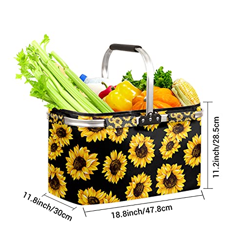 Collapsible Market Basket Sunflower, 36L Large Picnic Basket, Portable Shopping Basket with Aluminum Handles for Storage Grocery, Travel, Camping