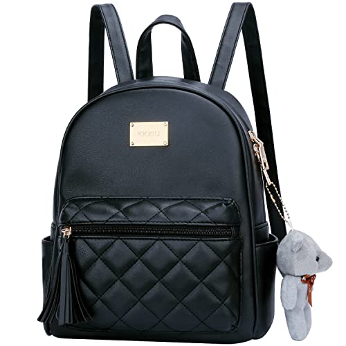 KKXIU Small Backpack Purse Synthetic Leather Quilted Mini Daypack For Women Fashion Girls Bookbag With Tassel (Black)