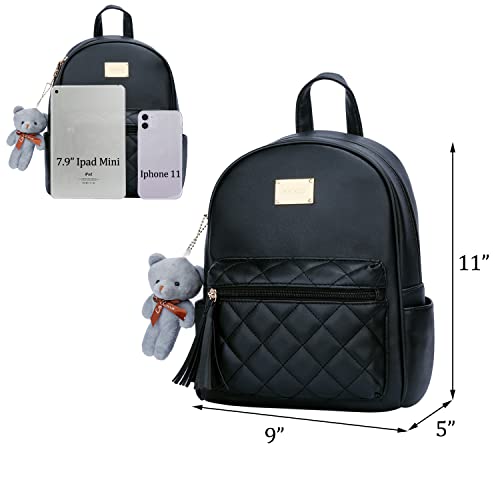 KKXIU Small Backpack Purse Synthetic Leather Quilted Mini Daypack For Women Fashion Girls Bookbag With Tassel (Black)