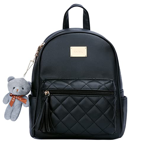 KKXIU Small Backpack Purse Synthetic Leather Quilted Mini Daypack For Women Fashion Girls Bookbag With Tassel (Black)