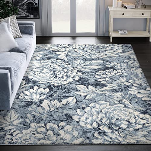 Abani Navy Blue & Cream Floral Design Classic Area Rug Rugs Non-Shedding 7'9" x 10'2" (8x10) Flower Print Traditional Living Room Rug