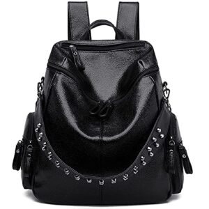 kooijnko women backpack purse, rivet studded rucksack convertible ladies fashion casual travel daypack, 3 ways washed leather shoulder bag (black)