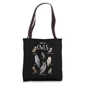 types of owls shirt educational cute owl lover tote bag