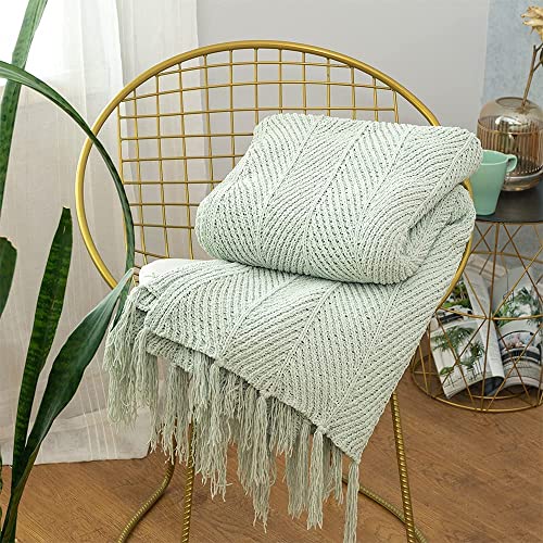 Sofila Sage Green Chenille Tassel Fringe Throw Blanket Textured Knitted Super Soft for Couch Bed Sofa Living Room Framhouse Warm Fluffy Cozy Plush Knit - 60 x 80 Inches