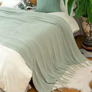 Sofila Sage Green Chenille Tassel Fringe Throw Blanket Textured Knitted Super Soft for Couch Bed Sofa Living Room Framhouse Warm Fluffy Cozy Plush Knit - 60 x 80 Inches