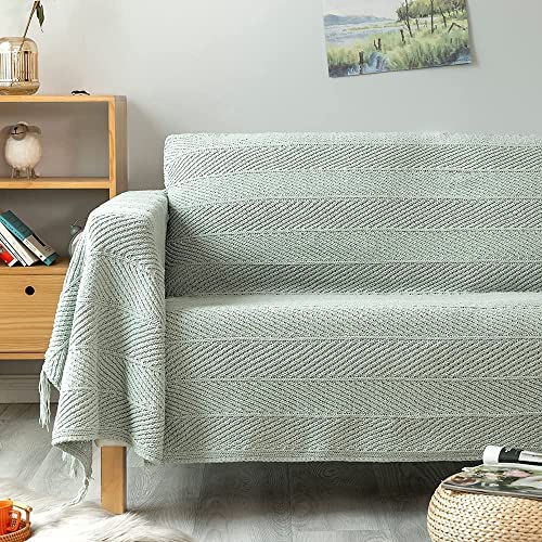 Sofila Sage Green Chenille Tassel Fringe Throw Blanket Textured Knitted Super Soft for Couch Bed Sofa Living Room Framhouse Warm Fluffy Cozy Plush Knit - 60 x 80 Inches