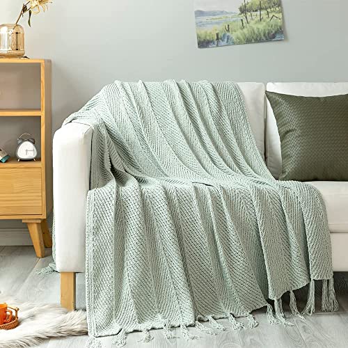 Sofila Sage Green Chenille Tassel Fringe Throw Blanket Textured Knitted Super Soft for Couch Bed Sofa Living Room Framhouse Warm Fluffy Cozy Plush Knit - 60 x 80 Inches