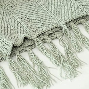 Sofila Sage Green Chenille Tassel Fringe Throw Blanket Textured Knitted Super Soft for Couch Bed Sofa Living Room Framhouse Warm Fluffy Cozy Plush Knit - 60 x 80 Inches