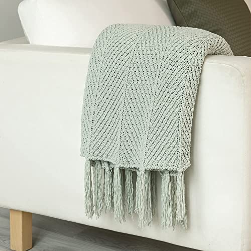 Sofila Sage Green Chenille Tassel Fringe Throw Blanket Textured Knitted Super Soft for Couch Bed Sofa Living Room Framhouse Warm Fluffy Cozy Plush Knit - 60 x 80 Inches