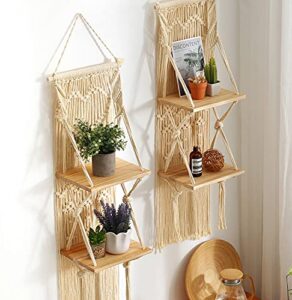 makeonewo macrame wall hanging shelf set of 2 macrame shelves handmade decorative floating boho shelf-plant shelf display rack to organize and decor for living room, bedroom, bathroom (10″ w/2 tier)