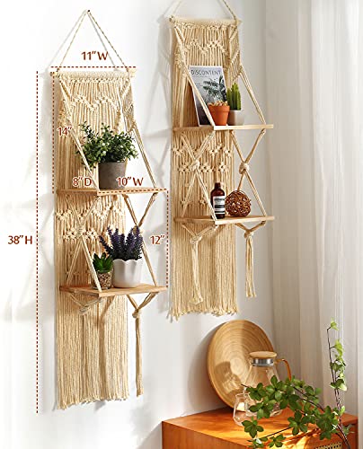 MAKEONEWO Macrame Wall Hanging Shelf Set of 2 Macrame Shelves Handmade Decorative Floating Boho Shelf-Plant Shelf Display Rack to Organize and Decor for Living Room, Bedroom, Bathroom (10" W/2 Tier)