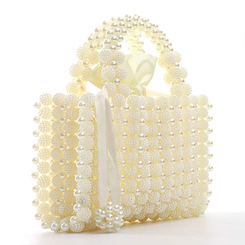 YUSHINY Women Handmade Pearl Beaded Evening Handbag Top Handle Purse with InnerBag & DustBag (White)