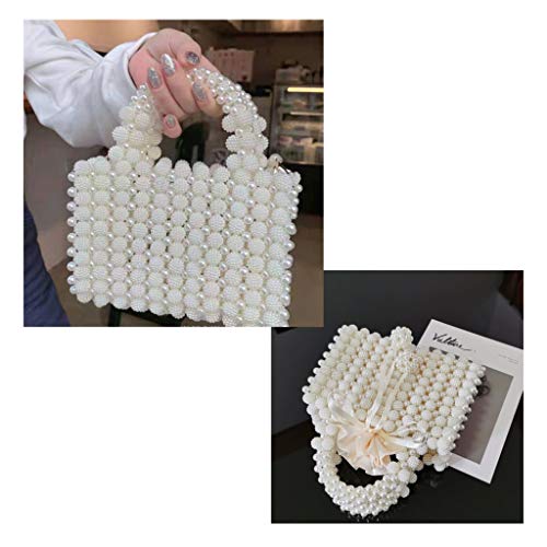 YUSHINY Women Handmade Pearl Beaded Evening Handbag Top Handle Purse with InnerBag & DustBag (White)