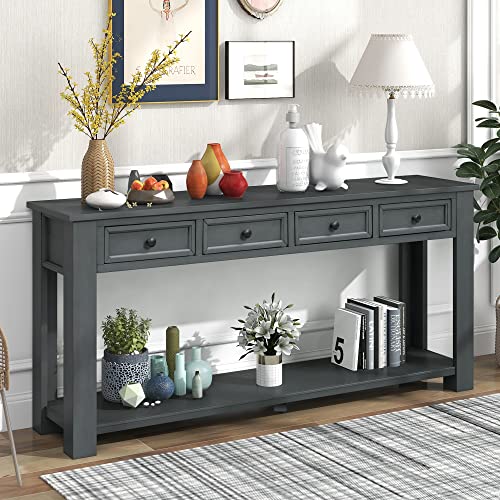 P PURLOVE Console Table for Entryway Hallway Sofa Table with Storage Drawers and Bottom Shelf (Navy)