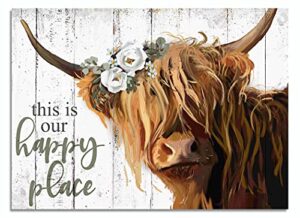 highland cow wall art – this is our happy place inspirational canvas poster for home – long haired scottish cow with white flower picture farmhouse kitchen decor framed (10″x15″)