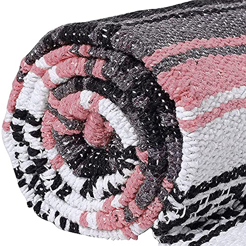 DWC Authentic Mexican Pink-Gray Blanket -Yoga Matt - Falsa - Serape - Camping, Picnic, Beach Blanket, Bedding, Car Blanket, Saddle Blanket, Soft Woven Home Decor (Pink-Gray Color)