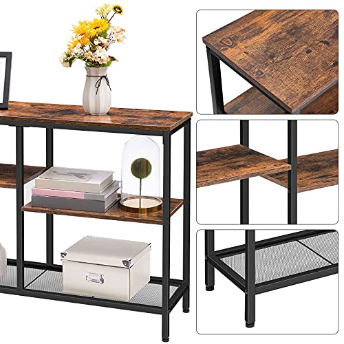 HOOBRO 43.3” Console Table, 4-Tier Industrial Bookshelf, Narrow Entryway Table, Sofa Table, Bookcase, Storage Shelf, Entrance Table, Hallway, Living Room, Bedroom, Rustic Brown BF28XG01