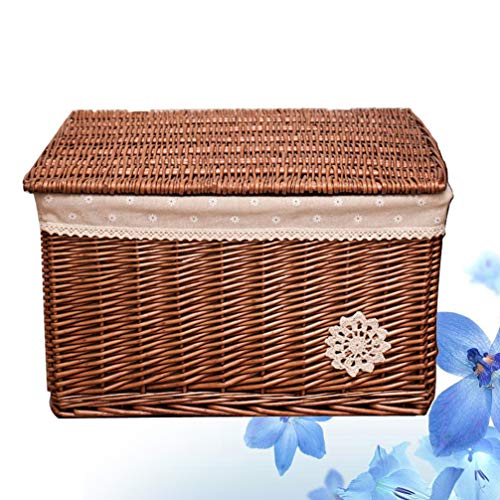 Cosmetic Box Wicker Storage Basket with Lid Woven Box Laundry Organizer Bins Rectangular Seagrass Baskets for Storage Decoration Picnic Groceries Toy Storage Rattan Basket