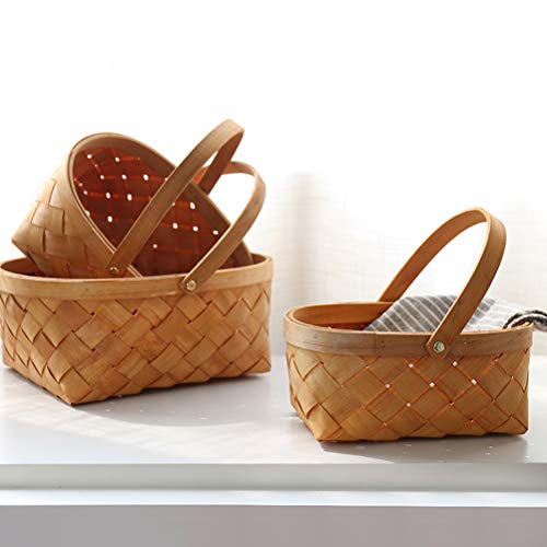 SEWACC Portable Handmade Rattan Storage Container Storage Basket Houseware Storage Basket Wooden Woven Storage Basket with Handle (Large) Home Decor