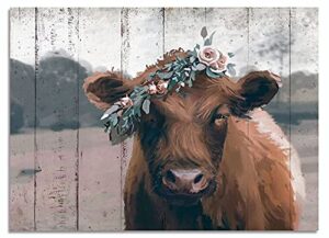 vintage farmhouse cow wall decor, retro highland cow wall art, rustic canvas print painting for home decorative (brown, 12x16inch)