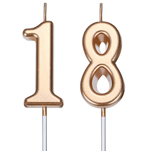 18th Birthday Candles Cake Number 18 Candles Happy Birthday Cake Candles Topper Decoration Cake Topper Numeral Candles for Birthday Wedding Anniversary Celebration Favor, Champagne Gold