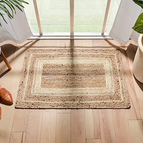 Well Woven Larkspur Border Pattern Contemporary White & Natural Color Hand-Braided Basket Weave Jute 2' x 3' Area Rug