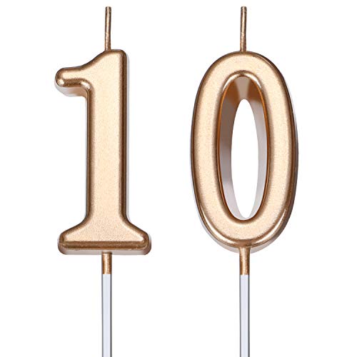 10th Birthday Candles Cake Number Candles Happy Birthday Cake Candles Topper Decoration for Birthday Wedding Anniversary Celebration Favor, Champagne Gold