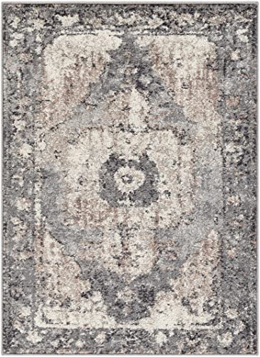 Hartshone Bohemian Farmhouse Living Room Bedroom Dining Room Area Rug - Boho Vintage Distressed - Persian Tribal Style Carpet - Dark Brown, Grey, Tan, Beige, Khaki, Charcoal, Light Black - 6'7" x 9'