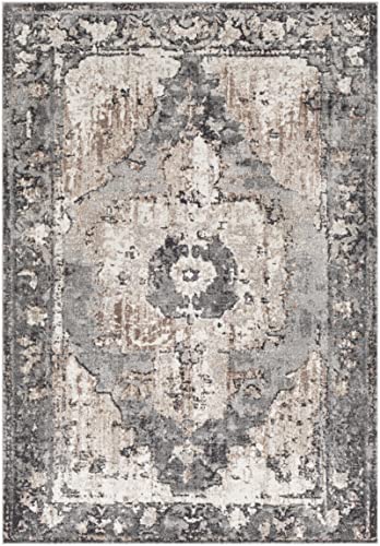 Hartshone Bohemian Farmhouse Living Room Bedroom Dining Room Area Rug - Boho Vintage Distressed - Persian Tribal Style Carpet - Dark Brown, Grey, Tan, Beige, Khaki, Charcoal, Light Black - 6'7" x 9'