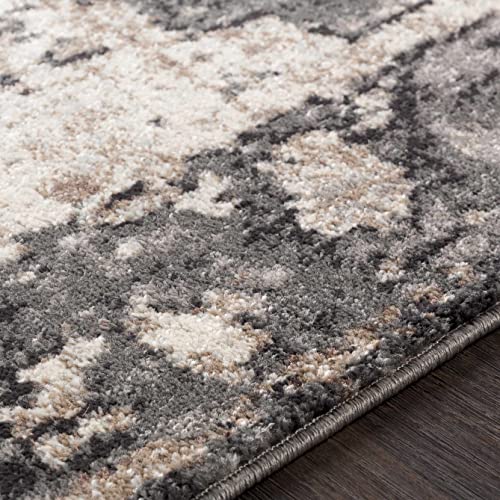 Hartshone Bohemian Farmhouse Living Room Bedroom Dining Room Area Rug - Boho Vintage Distressed - Persian Tribal Style Carpet - Dark Brown, Grey, Tan, Beige, Khaki, Charcoal, Light Black - 6'7" x 9'