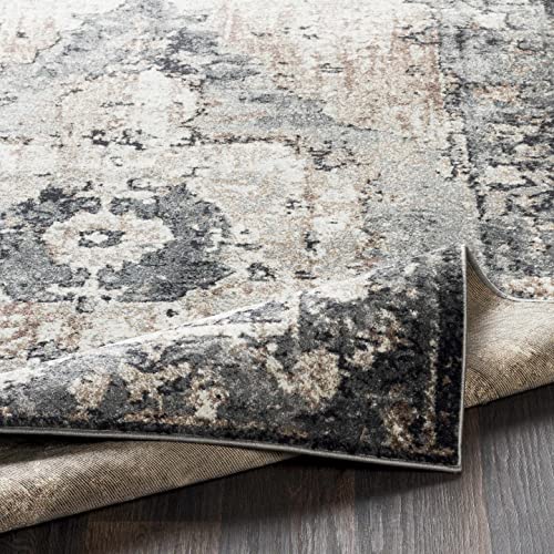 Hartshone Bohemian Farmhouse Living Room Bedroom Dining Room Area Rug - Boho Vintage Distressed - Persian Tribal Style Carpet - Dark Brown, Grey, Tan, Beige, Khaki, Charcoal, Light Black - 6'7" x 9'