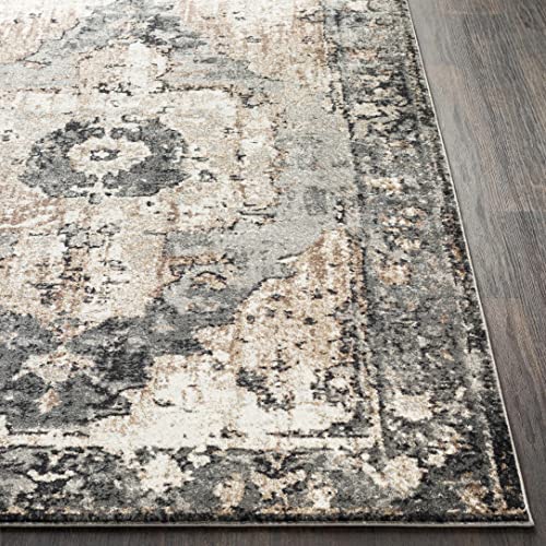 Hartshone Bohemian Farmhouse Living Room Bedroom Dining Room Area Rug - Boho Vintage Distressed - Persian Tribal Style Carpet - Dark Brown, Grey, Tan, Beige, Khaki, Charcoal, Light Black - 6'7" x 9'