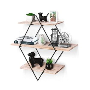 hoofaway wall mounted storage shelf 3 tier rustic wood floating shelves decorative shelf for bedroom living room bathroom kitchen office and more (rhombus)