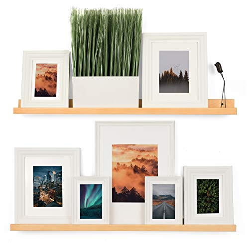 Rustic State Ted Narrow Wall Mount Wood Picture Ledge Photo Frame Display Floating Shelf for Living Room, Office, Kitchen, Bedroom, Bathroom Décor Storage - 36 Inch - Set of 2 - Natural