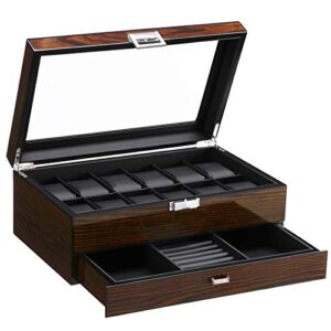 bewishome 12 watch box with valet drawer, luxury watch case,watch organizer for mens accessories with real glass top,metal hinge, brown ssh02y