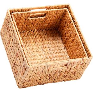 hoonex water hyacinth storage baskets for organizing, decorative wicker baskets with carrying handles, set of 2, natural